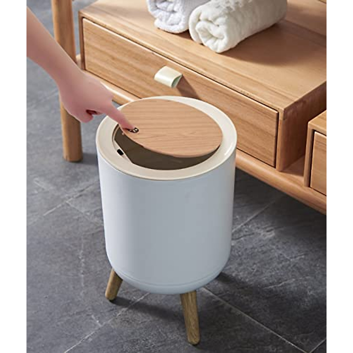 Trash Can | 7 Liter (1.8 Gallon) / 2 Liter (0.5 Gallon) | Push-to-Open Lid | Premium Plastic Wood Grain Nordic Minimalist Modern Waste Basket for Kitchen, Bathroom, Bedroom, Living Room, Office (1.8 Gallon (7L))