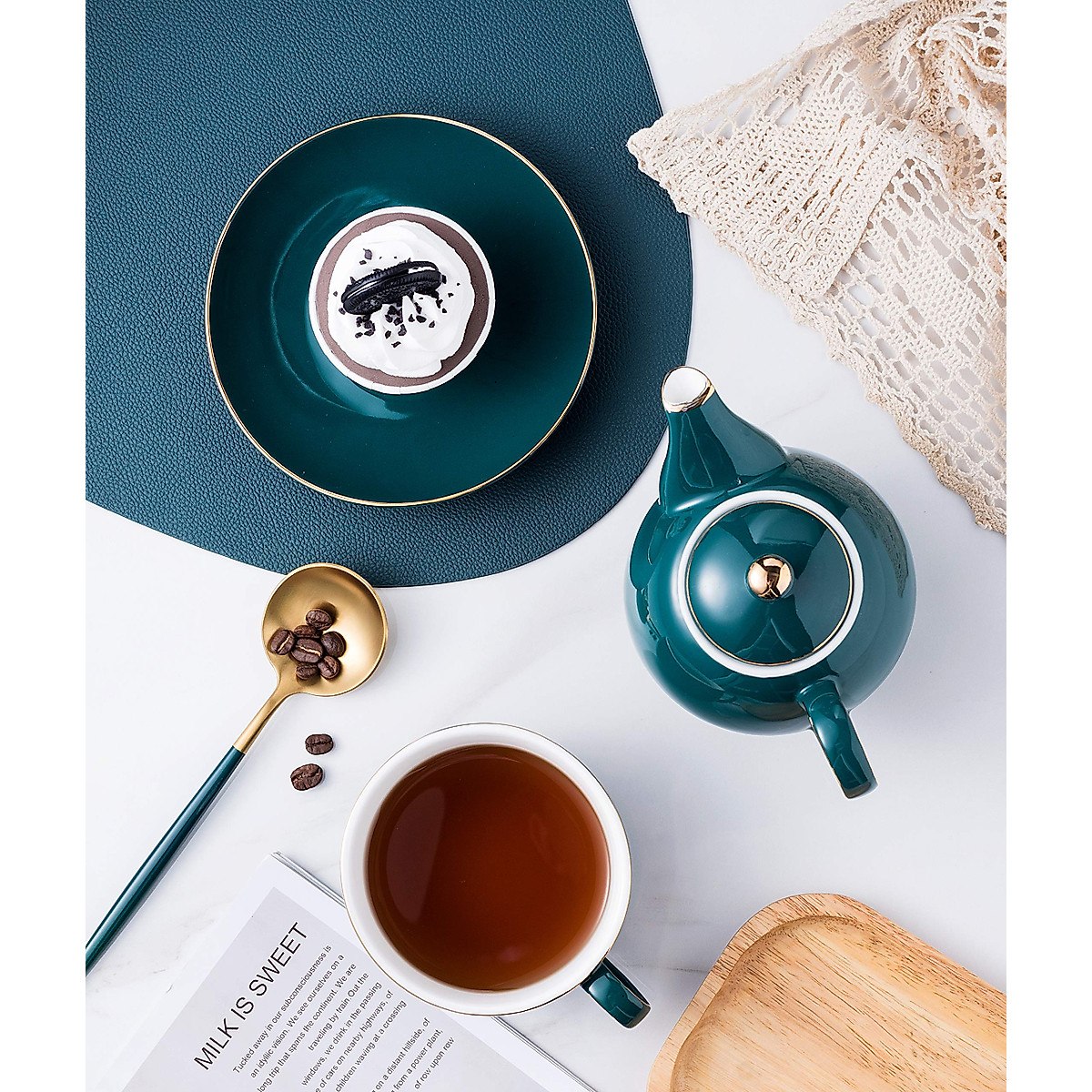 Jusalpha Dark Turquoise Green Fine China 16 OZ Teapot- Tea cup- Saucer Set, Tea-for-One set #08