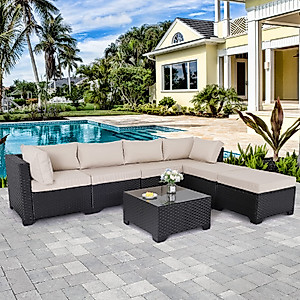 Lviden 7 Pieces Outdoor PE Wicker Furniture Set Patio Rattan Sectional Conversation Sofa Set with Khaki Cushions and Glass Top Table