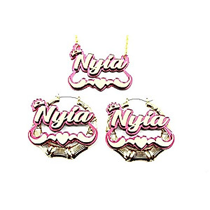 Name Necklace Plate Personalized Custom Nameplate and 1.5" Bamboo Gold Earrings With Swirls Heart and Crown on Top Jewelry Set Color Choice Laser Cut Gold Script Cursive Letters, Quality Gold Chain