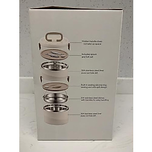 Lille Home Stackable Stainless Steel Thermal Compartment Tiffin Lunch/Snack Box, 3-Tier Insulated Bento/Food Container with Lunch Bag and Utensils, 88 OZ (Beige)