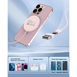 Magnetic Wireless Charger Fast Apple Mag-Safe Charger for iPhone 15 Pro Max/15 Pro/15/15 Plus/14/13/12 Series AirPods 3/2/Pro/Pro 2 LED Magnet Charging Pad with Dual Charging Ports Pink