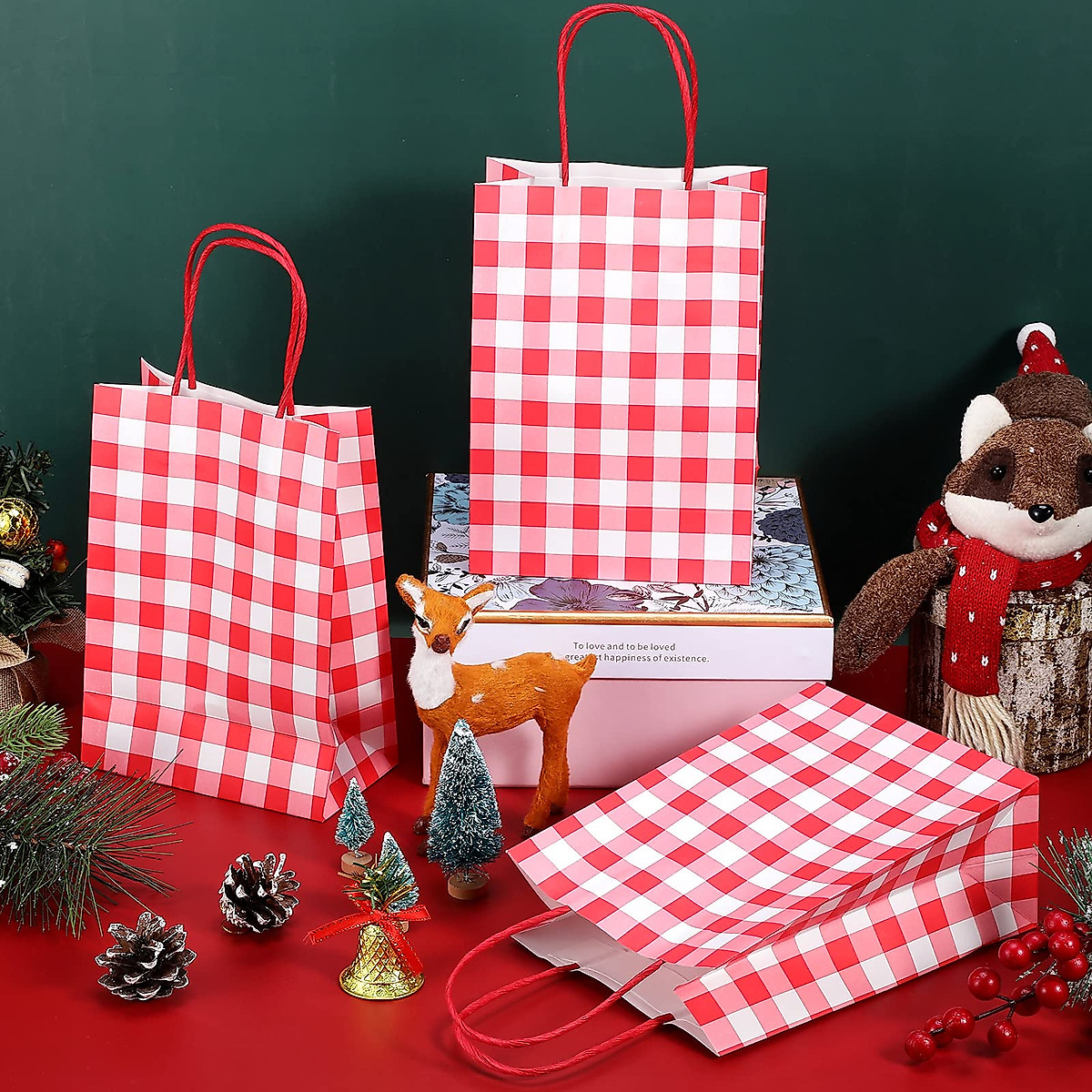 30 Pieces Gingham Gift Bags Kraft Paper Bag Christmas Buffalo Plaid Bag Present Bag Party Favor Bag with Handle Goody Bag for Christmas Birthday Party Supplies, 5.91 x 8.27 x 3.15 Inch (Red White)