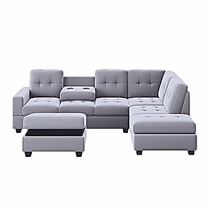 UBGO Sectional, Living Room Furniture Sets,L-Shaped Storage Ottoman&Cup Holders,Upholstered Couch for Large Space Apartments,3-Seate Sofa with Extra Wide Reversible Chaise,Gray