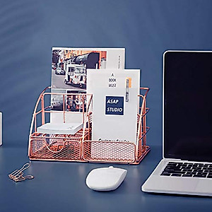 ARTISHION Desk Organizer, Office Supplies Desktop Holder, Metal Mesh Stationary Organizer Rose Gold with Drawer, Pen Pencil Holder for Office, Home, School