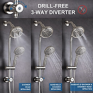 High Pressure Handheld/Rain 82-mode 3-way Shower Head Combo with 25.75" Adjustable Drill-free Stainless Steel Slide Bar, Pet & Tub Power Wash and Anti-clog Nozzles, with 5ft Hose - Brush Nickel