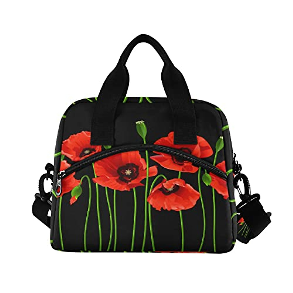 Large Lunch Bag for Women Men Flower Poppy Art Painting Cooler Bags Insulated Lunch Tote Bag with Zipper Top & Detachable Shoulder Strap for Work Picnic Beach, No Leak