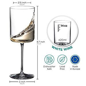 BENETI Large Square Wine Glass Set of 4-14 oz European-Made Hand Blown Glass White Wine Goblets w/Laser-Cut Rim, Dishwasher-Safe Crystal Clear Red Wine Glass Gift Set