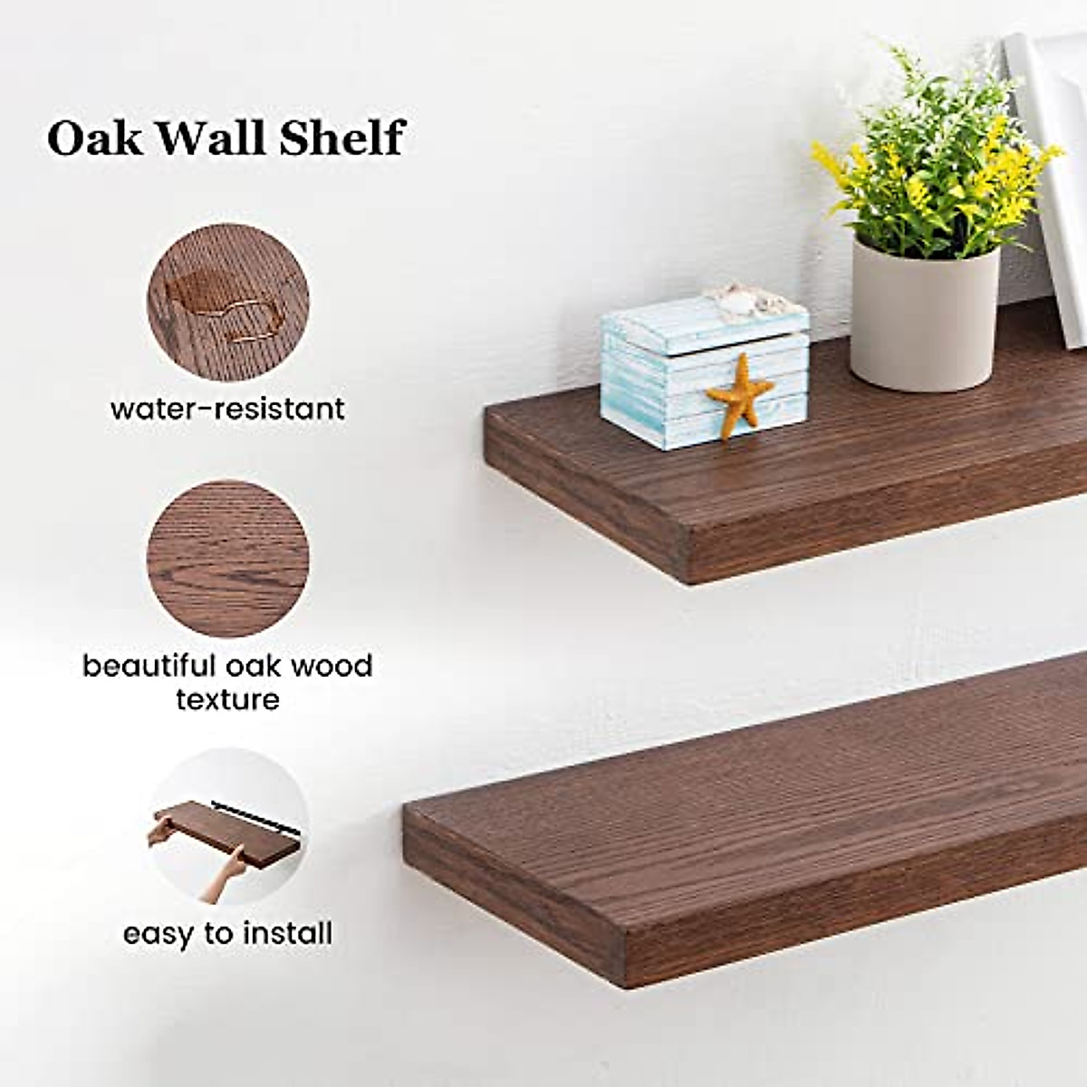 Floating Shelves, 8 Inch Deep Rustic Natural Oak Wall Shelves for Storage, Wall Mounted Wooden Display Shelving for Bedroom, Living Room, 24'' x 8'' Shelves, Dark Oak Color, Set of 2
