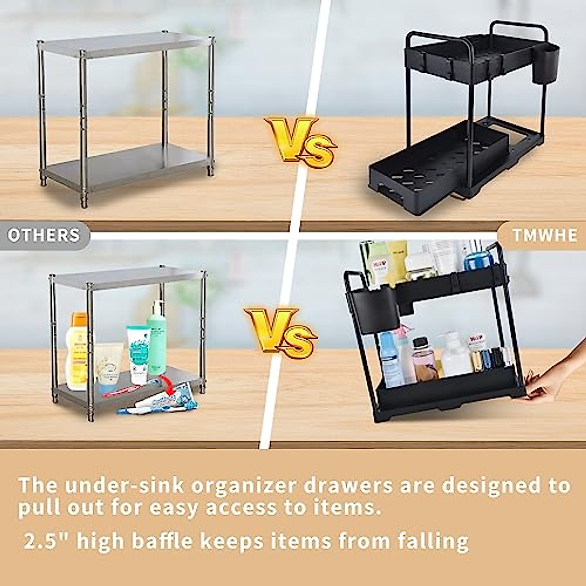 2 Pack Under Kitchen Sink Organizers Storage, 2-Tier Sliding Under Bathroom Cabinet Storage Drawer Organizer with Hooks, Hanging Cup, Handles, multi-purpose Under Sink Shelf Organizer, Black