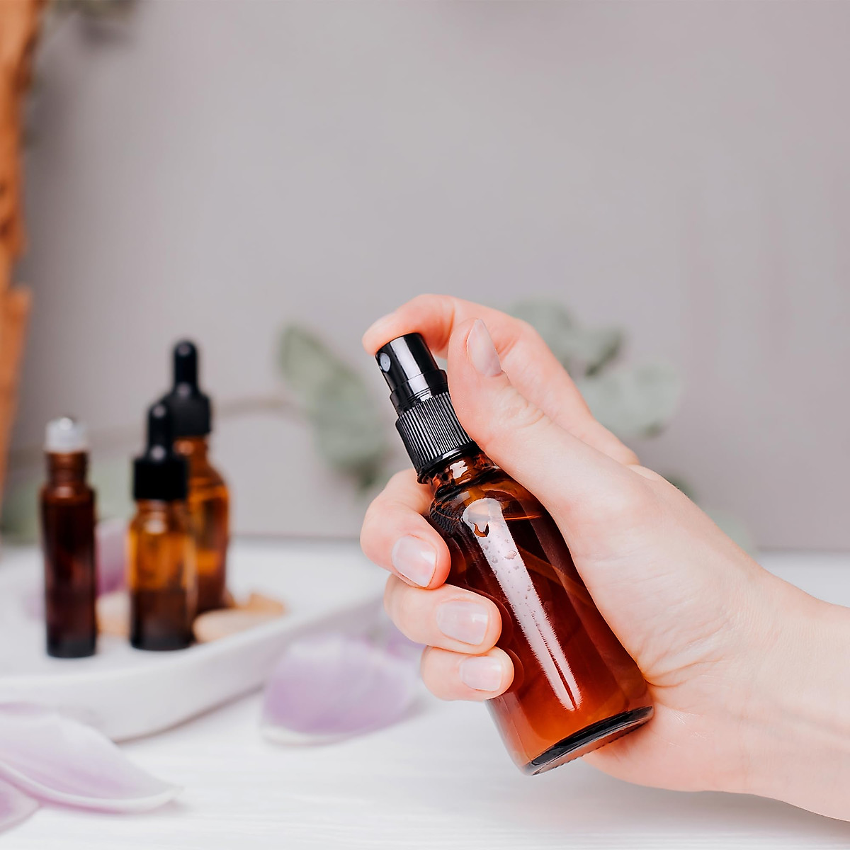 Nylea Small Glass Spray Bottles for Oil, Hair, Plants Water 2 oz | Empty Fine Mist and Refillable Mister Amber Mini Travel Size Bottle for Cleaning Solutions, Essential Oil Sprayer and Nozzle - 2 Pack