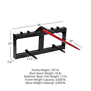 Titan Attachments Skid Steer Hay Frame Attachment, 39" Hay Spear and Stabilizer Spears, Rated 3,000 LB, Quick Tach Mounting, Hay Handing Equipment for Bobcat Tractors