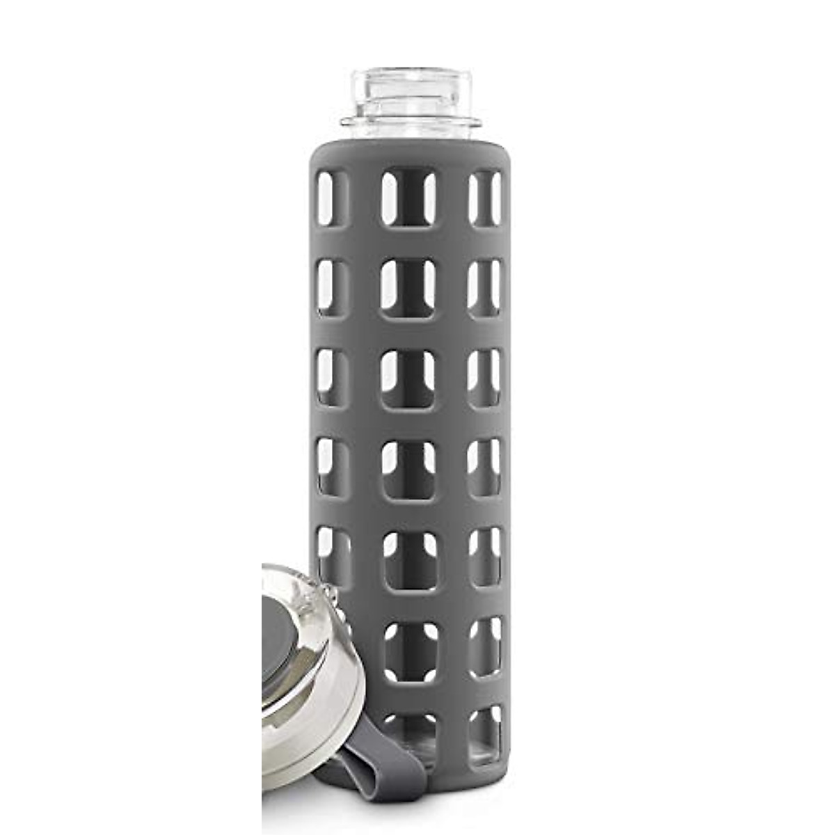 Ello Syndicate Glass Water Bottle with One-Touch Flip Lid, Grey , 20-ounce