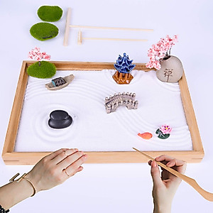 Japanese Zen Garden - Home & Office Desk Mini Garden with Rock Vase Fish Bridge Boat Cherry Trees - Meditation Gift Set for Relaxation - 3 Rake Tools and Zen Accessories (Rectangular)