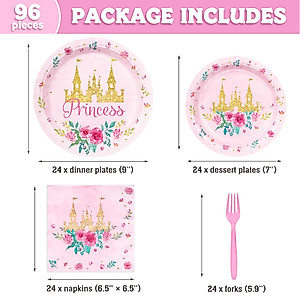 DECORLIFE Princess Party Supplies Serve 24, Princess Party Plates and Napkins for Girls Birthday, Baby Shower, Total 96PCS