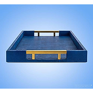 Home Redefined Modern Elegant 18”x12” Rectangle Navy Blue Rectangle Shagreen Decorative Ottoman Coffee Table Perfume Living Room Kitchen Serving Tray with Brass Gold Metal Handles for All Occasion's