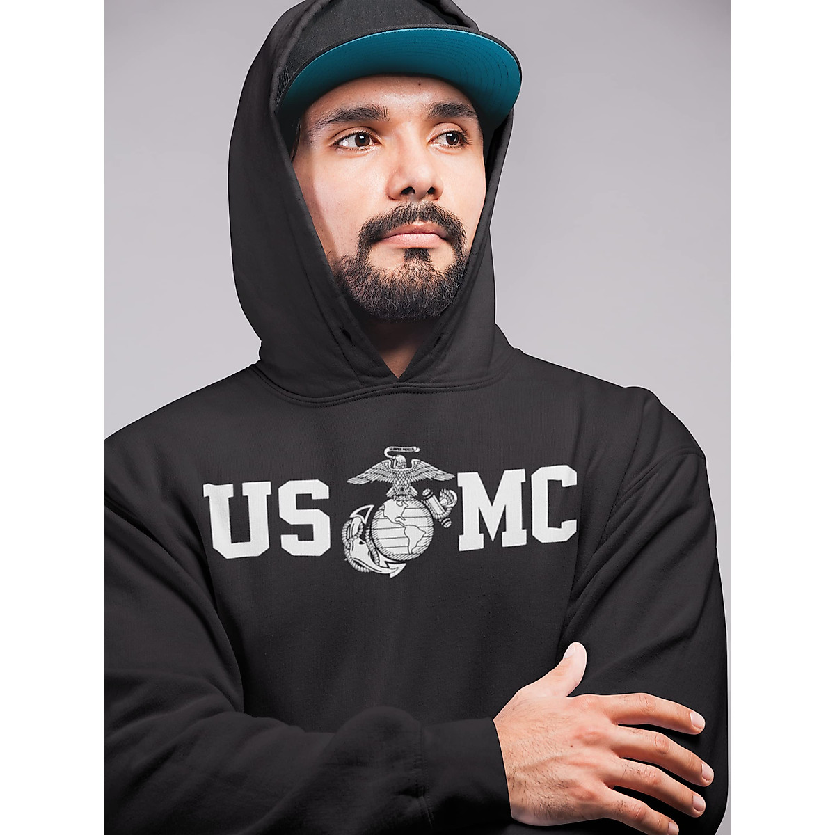 Lucky Ride Marine Corps USMC SWEATSHIRT HOODIE with Globe in CENTER, Black, S