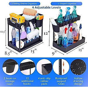 2 Sets of 2 -Tier Multi-Purpose Under Sink Organizer and Storage, Adjustable Height Pull Out Under Sink Kitchen Bathroom Cabinet with 8 Hooks and 2 Hanging Cup, Kitchen Sink Splash Guard