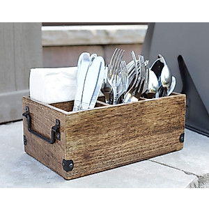 Mango Wood Utensils Caddy, Holder for Spoons, Forks, Knives, Salt Pepper, Napkins, Silverware Organizer, Flatware Holder (10.5 X 6.5 X 4.5 Inches)