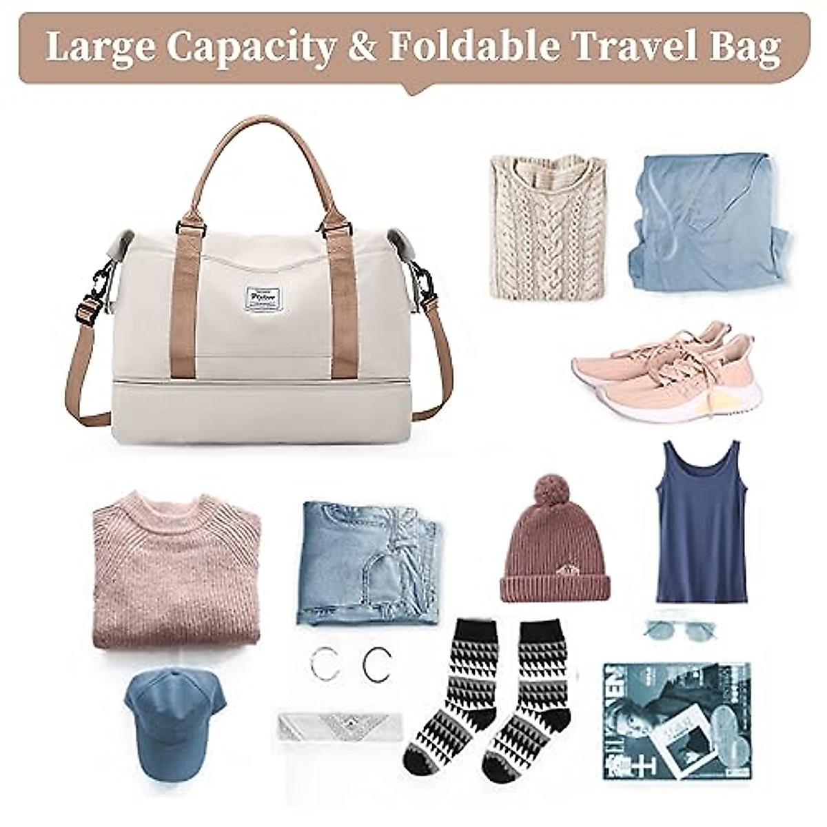 Weekender Bags for Women, Personal Item Travel Bag with Shoes Compartment, Overnight Travel Duffel Bag with Wet Pocket & Trolley Sleeve,Gym Bag,Beige & Brown