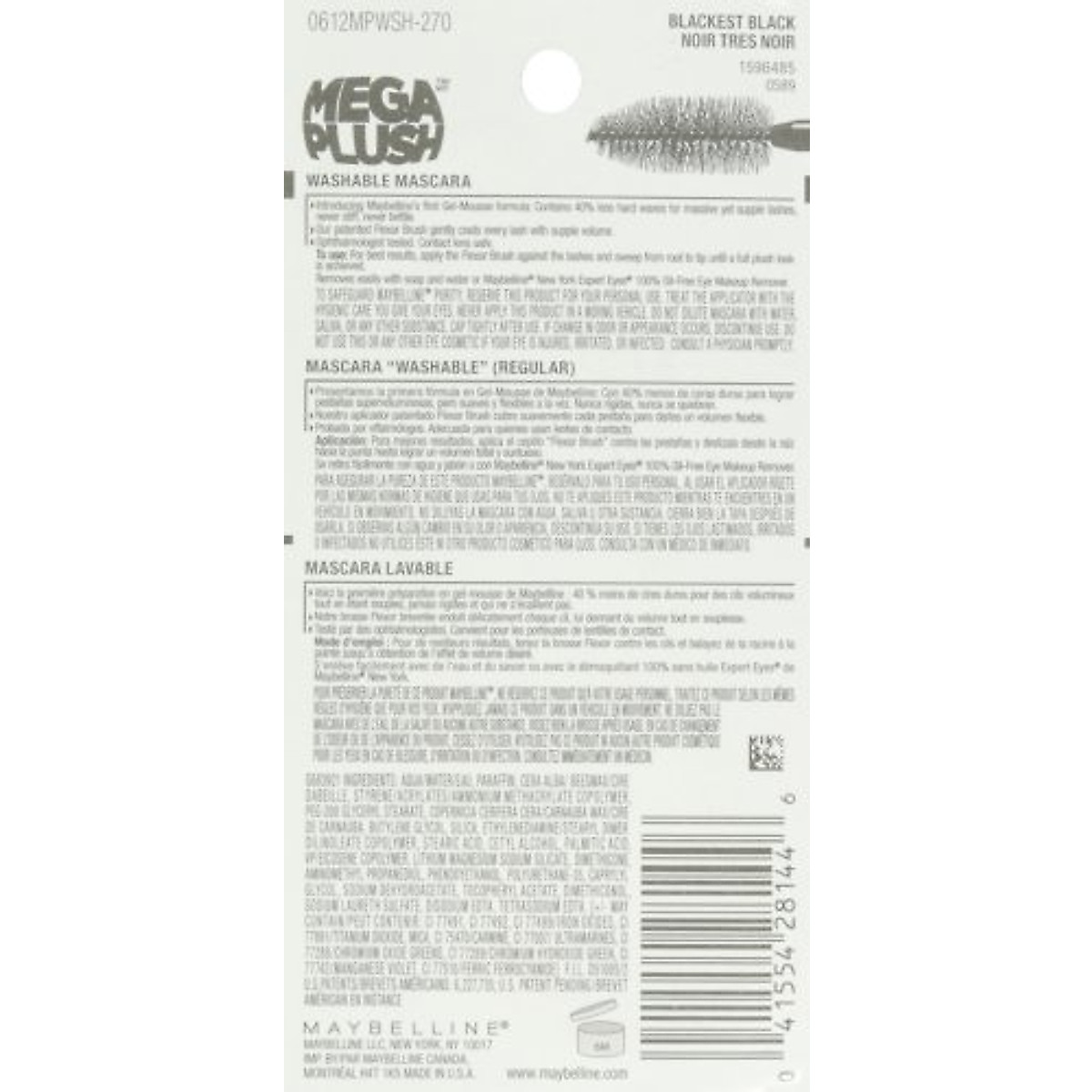 Maybelline New York Volume Express Mega Plush Washable Mascara, Blackest Black, 0.3 Fluid Ounce, (K1147800)