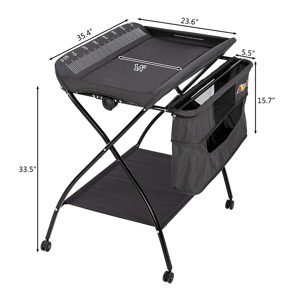 JOYMOR 2-in-1 Folding Baby Changing Table, Moblie Diaper Table for Infant, Portable Diaper Changing Station with Wheels, Large Storage Basket ＆ Shelf Portable Nursery Organizer