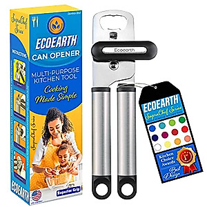 EcoEarth Heavy-Duty Can Opener (Stainless Steel & Black), Manual Easy Grip Handheld Tin Opener, Multipurpose Kitchen Tool, Lid Top Remover, Easy Turn Knob w/Bottle Opener