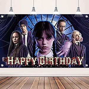 Wednesday New Addams Party Supplies, Happy Birthday Backdrop for Wednesday Party Decorations, 5 x 3FT Birthday Banner for Girls Boys Kids Birthday Party Decor