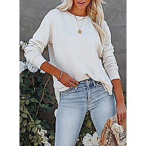 EVALESS White Sweatshirt for Women Long Sleeve Side Split Irregular Curved Hem Tops Comfort Colors Crewneck Cotton Sweatshirts Womens Fall Fashion 2023 Teacher Outfits Casual Loose Pullover Medium