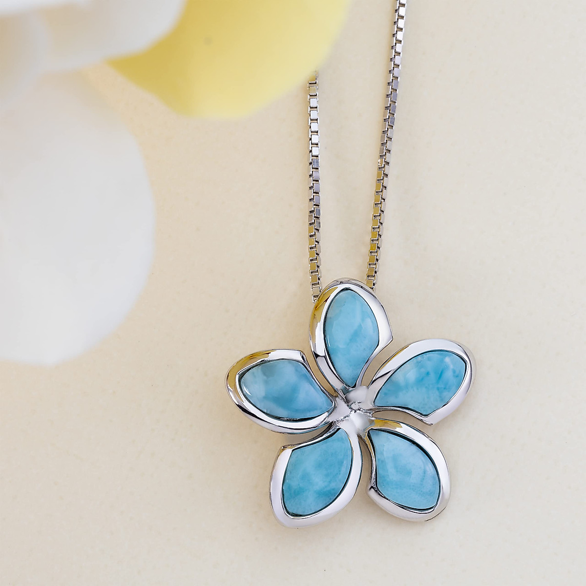 Aloha Jewelry Company Sterling Silver Natural Larimar Plumeria Flower Necklace Pendant with 18" Box Chain, Nickle Free Hypoallergenic for Sensitive Skin, Gift Box Included (Pointed Petals, Large)
