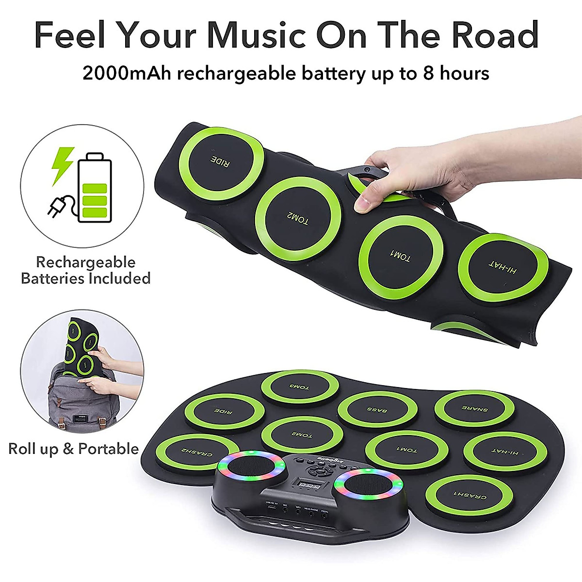 Electronic Drum Set, 9 Drum Pads, Roll up Electric Drum Set with Headphone Jack, Built-in Dual Speaker, Drum Stick, Foot Pedals, Best Gift for Christmas Holiday Birthday