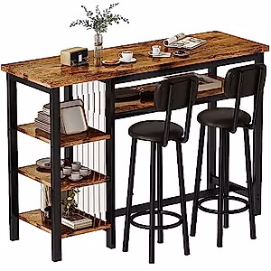 Recaceik Bar Dining Table Set, Modern Bar Table and Stools for 2, Kitchen Counter Height Dining Table Set with 4 Storage Shelves, PU Upholstered Stools Breakfast Nook Set Pub Table with Backrest