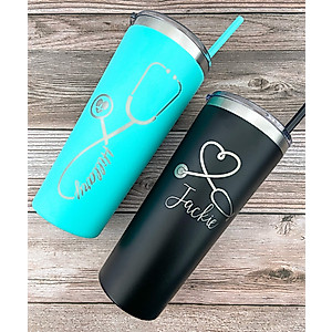 Personalized Nurse Laser Engraved 22 oz - Laser Engraved Tumbler with Straw, Stethoscope, RN, Nurse Gift, Doctor Gift, Nurse Assistant, Heartbeat, Nursing Student