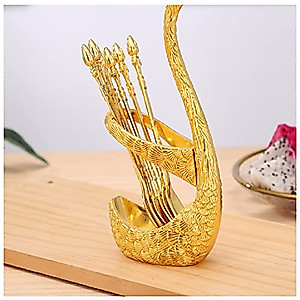 Coffee Spoon Set, Swan Base Holder Spoon Organizer Stainless Steel Dessert Teaspoons Creative Tableware Organizer Decoration Dinnerware for Household Stirring Mixing Cappuccino Sugar Cake Soup(Gold)