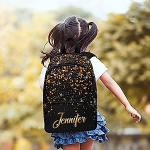 Custom Kids Backpack for Girls Boys Gold Sparkle Text Black Children Casual Daypack Backpacks, Personalized with Kid's Name Preschool School Bag, Children Travel Bookbag for School Season