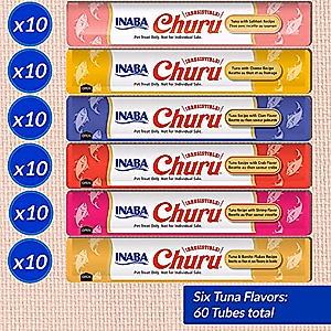 INABA Churu Cat Treats, Grain-Free, Lickable, Squeezable Creamy Purée Cat Treat/Topper with Vitamin E & Taurine, 0.5 Ounces Each Tube, 60 Tubes, Tuna Variety Box