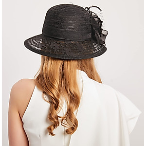TLMNU Organza Fascinator Hat - Women¡¯s Wide Brim Church Bridal Tea Party Wedding Hat 12LaceBlack