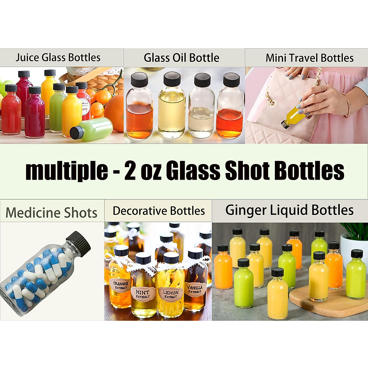 12 Pack 2 oz Glass Bottles with Lids & 2 Funnels, Glass Shot Jar, Small Glass Containers with Lids, Spice Jars, Juice Bottles, Mini Travel Bottles, 60ml Sample Bottles for Potion, Ginger Shots, Oils