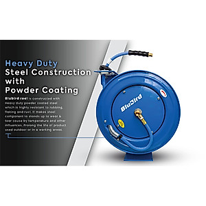BLUBIRD BBRHD1250 18ga. Retractable Hose Reel with 1/2" X 50' Air Hose, 12 Point Ratcheting Gear, Next-Gen Rubber, Lightest, Strongest, Most Flexible, 300 PSI, -50F to 190F Degrees, Polyester Braided