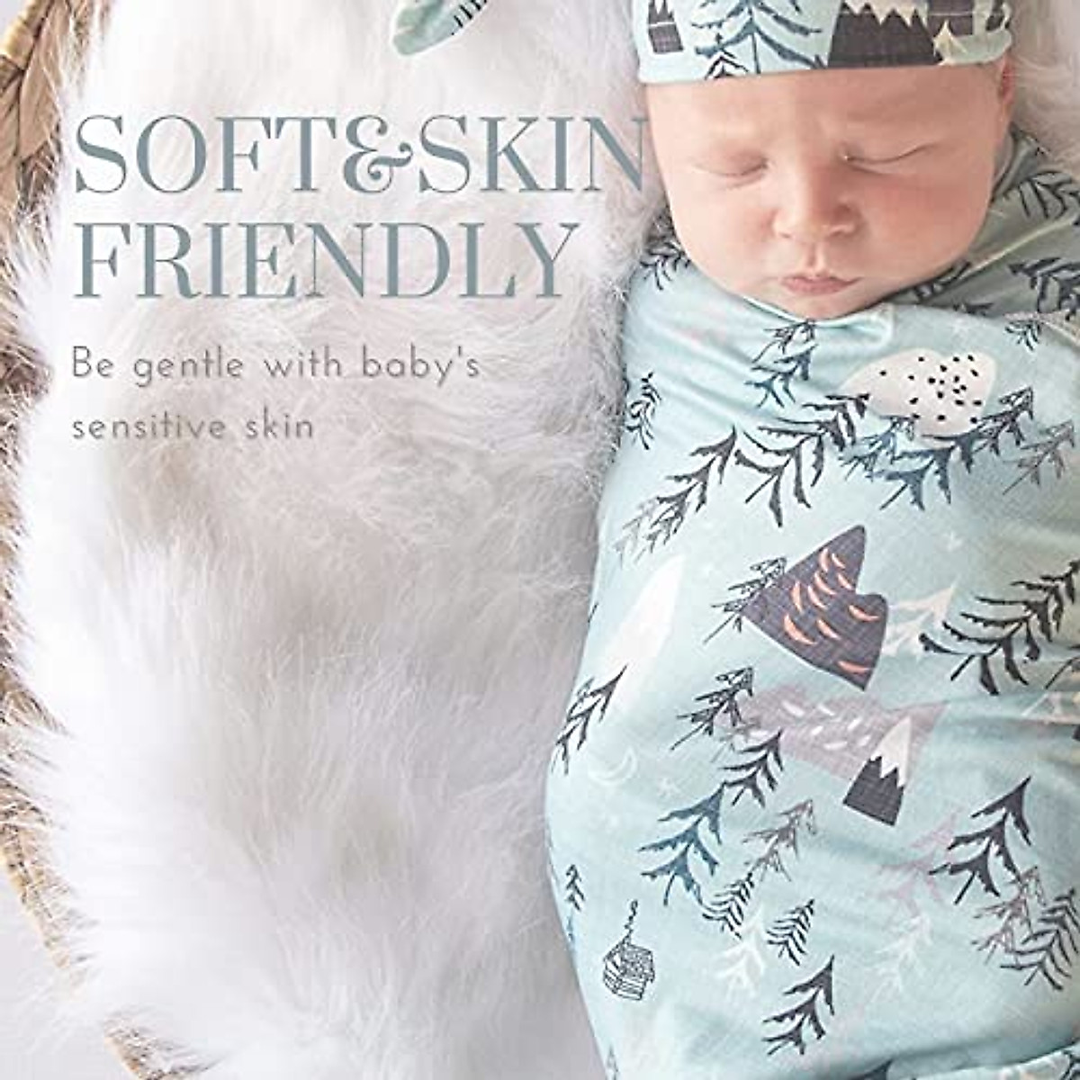 Bellasignoro Newborn Receiving Blanket Swaddle Blanket Hat Set for Baby Snug Wrap (Mountain&Tree)