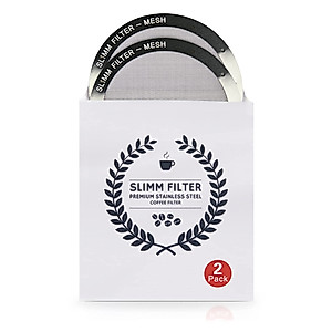 Reusable Filter Set by Slimm Filter - 2 Piece, Stainless Steel Metal - 2x Mesh Metal Filters For AeroPress Coffee & Espresso Maker, with Complimentary Recipe Book - Brew Barista-Grade Coffee At Home