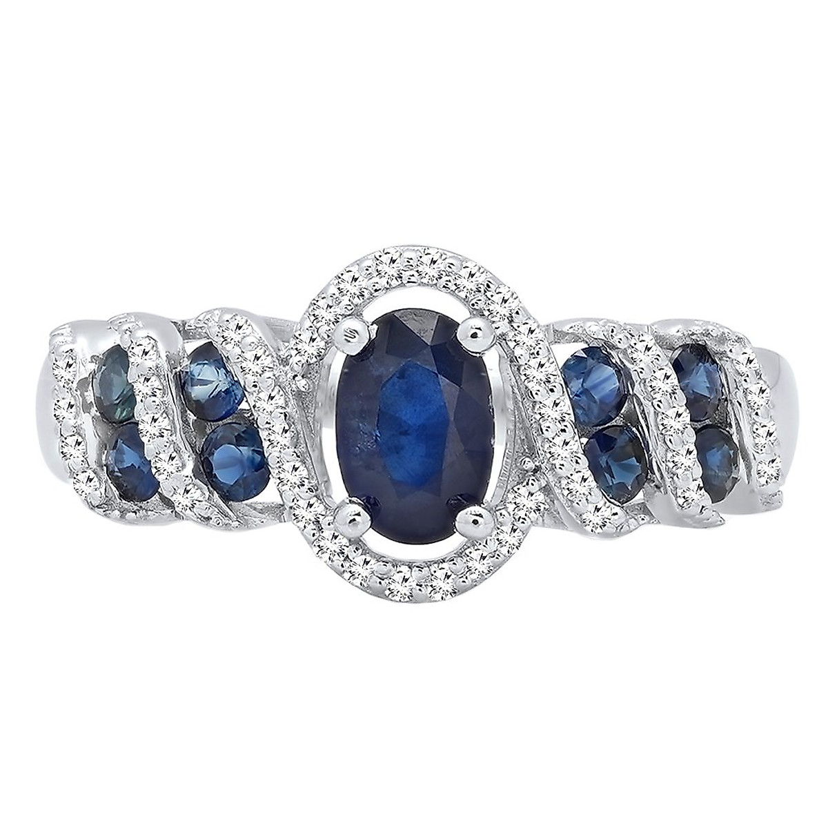 Dazzlingrock Collection Sterling Silver 6X4 MM Oval & Round Cut Blue Sapphire & Round Diamond Engagement Ring, Size 9