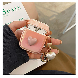 Fycyko Compatible with AirPods Case with Cute Keychain 3D Love Heart Rainbow Glitter Design Girls Woman Case Hard PC Cover Case for Airpods 2 &1-Pink