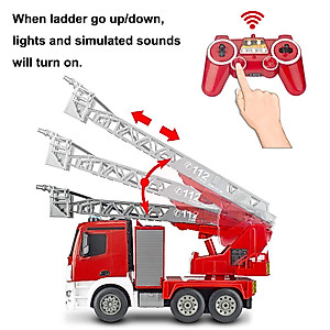 Benz Licensed Remote Control Fire Truck, RC Fire Truck Toy, Rechargeable Construction Truck Toys with Alarm Lights, Hose, Working Water Pump and Rotating Rescue Ladder Fire Truck Toys Gift for Kids