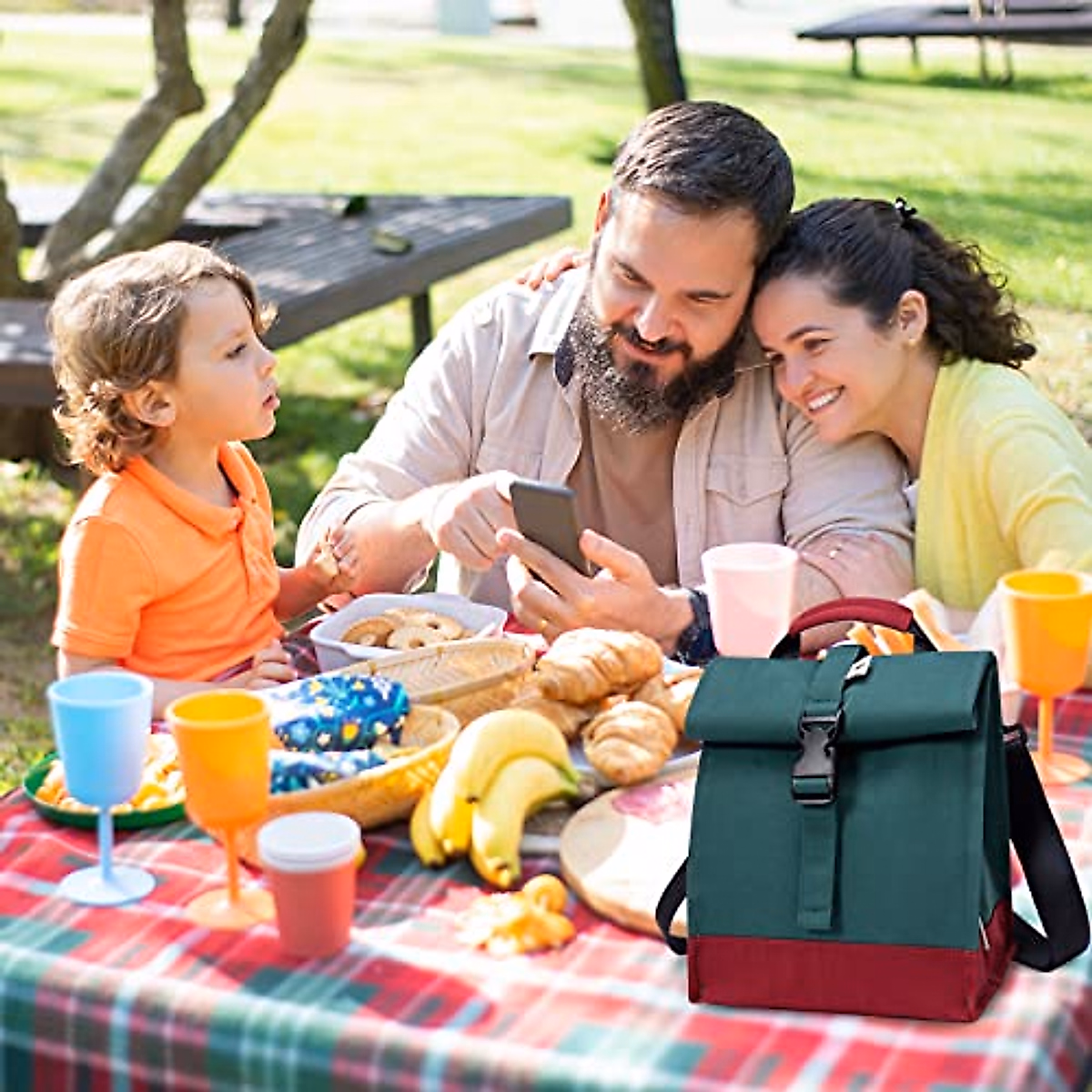 SUNNY BIRD Insulated Lunch Bag Rolltop Lunch Box Tote Lunchbox Bag for Women, Men, Adults and Teens (Green)