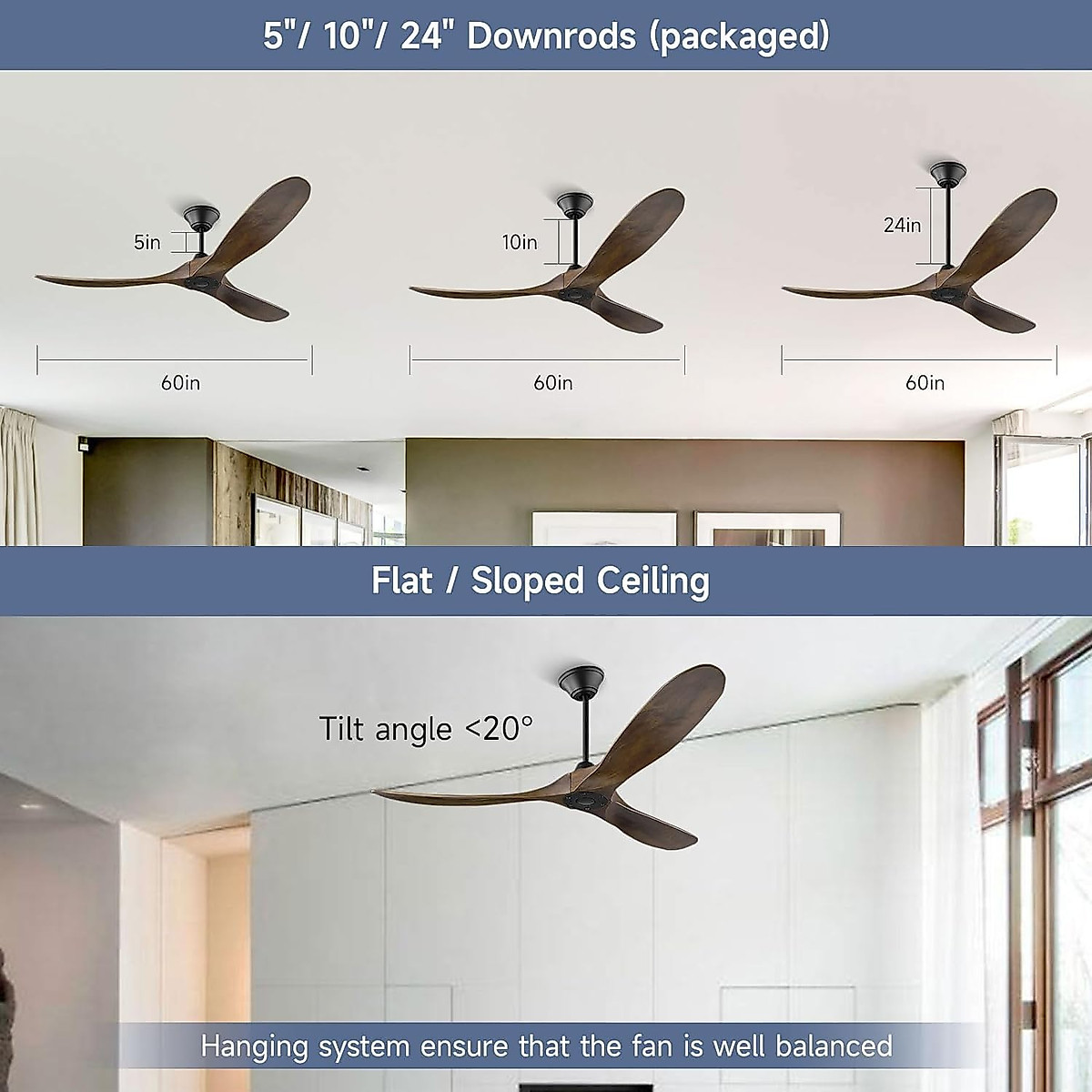 60 Inch Outdoor Ceiling Fans without Lights, 3 Blade Propeller Ceiling Fan No Light with Remote Solid Wood Ceiling Fan Large, Modern Farmhouse Ceiling Fan for Patio Exterior High Low Sloped Ceiling