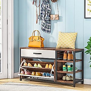 Tribesigns Flip Drawer Shoe Storage Bench, Hidden Shoe Cabinet with Drawer and 4 Tiers Shelves, 4 in 1 Tipping Bucket Shoe Storage Rack for Entryway, Hallway, Living Room, Rustic Brown & White