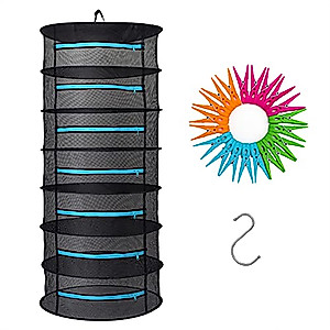 7 Layer Herb Drying Rack Collapsible Mesh Hanging Drying Net with Zipper, S Hang Buckle,20Pcs Clothes Clips Pegs,for Drying Bud, Seeds,Herb ,Hydroponic Plants