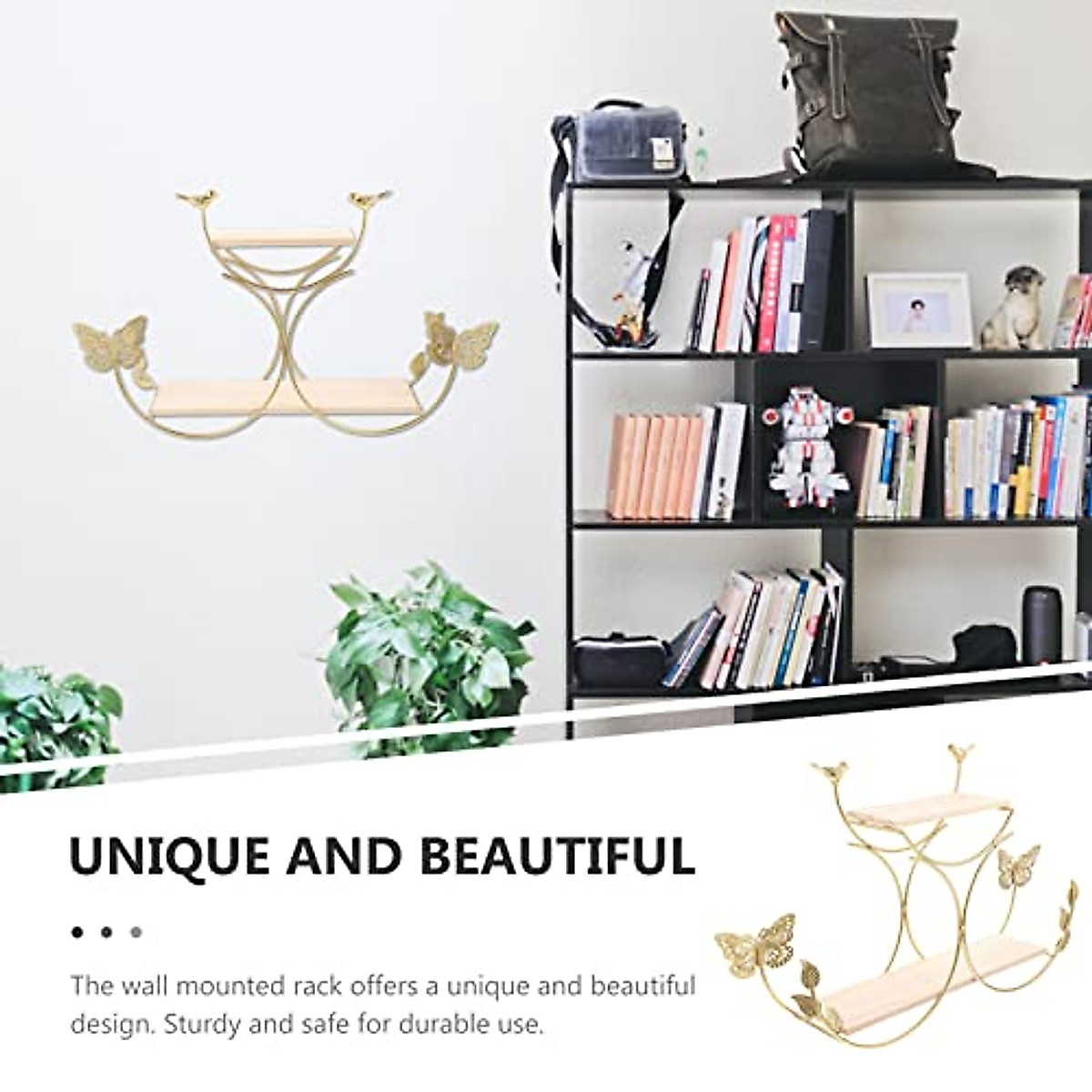 DOITOOL Wall Mounted Floating Shelves Rustic Storage Shelf Spice Rack Shelf Sundries Organizer with Butterfly Figurine for Bathroom Bedroom Living Room Kitchen Golden