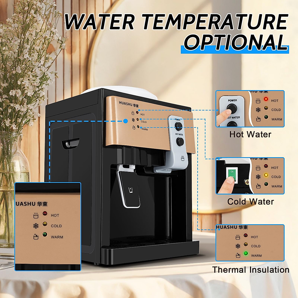 SNKOURIN Water Cooler Dispenser 5 Gallon,Electric Hot & Cold Water Cooler Dispenser,3 Temperature Settings,Top Loading Water Cooler Dispenser for Home Office Coffee Tea Bar Dormitory,Champagne Gold
